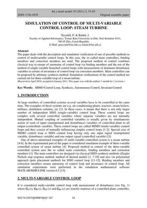pdf simulation of control of multi variable control loop steam turbine
