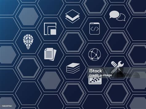 진한 파란색 배경에 다양한 아이콘이 있는 Llm 그림 생성형 인공지능에 대한 스톡 벡터 아트 및 기타 이미지 Istock