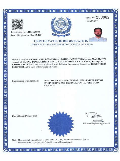 Pec Certificate Of Registeration Pdf