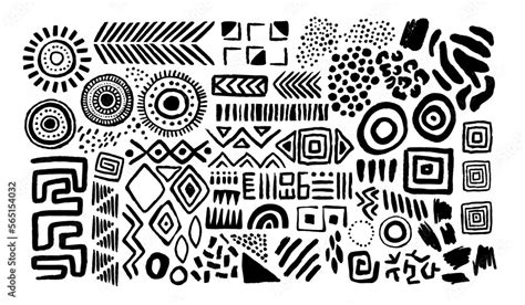 Abstract Black And White African Art Shapes Collection Tribal Doodle Decoration Set Random