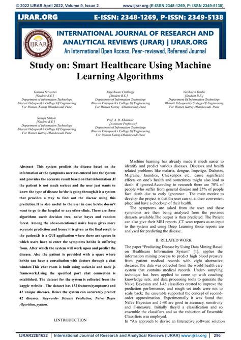 PDF Study On Smart Healthcare Using Machine Learning Algorithms