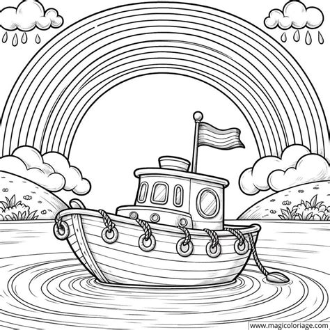Dibujo Para Colorear Barco Bajo Un Arco Iris