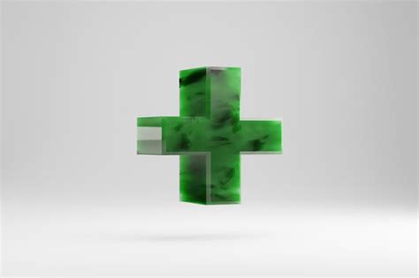 옥 3d 더하기 기호입니다 옥 기호 흰색 배경에 고립입니다 녹색 옥 반투명 돌 알파벳입니다 3d 렌더링된 글꼴 문자입니다
