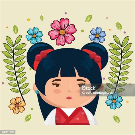 Gadis Jepang Kecil Kawaii Dengan Karakter Bunga Ilustrasi Stok Unduh