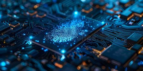 Enhancing Cybersecurity With A Blue Microchip And Fingerprint Symbol For Secure Data Protection
