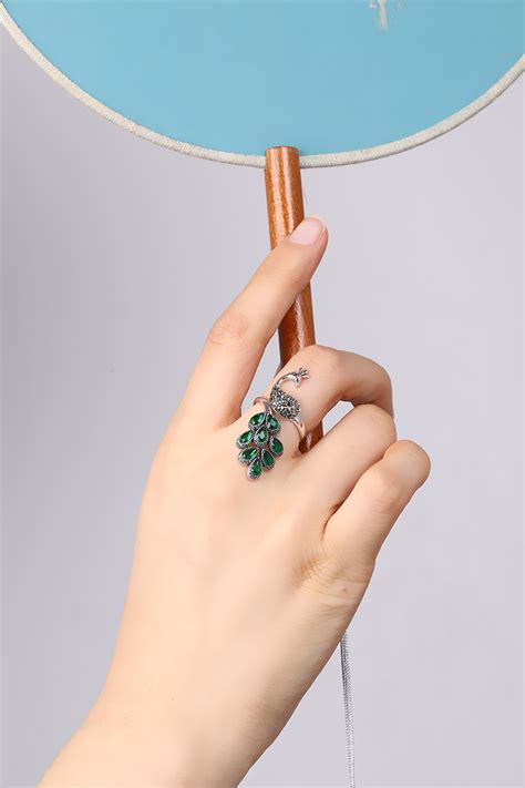 Womens S925 Sterling Silver Peacock Gemstone Ring Vintage Fashion