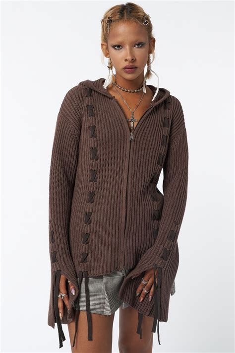 Nixie Lace Up 🎀🤎 Stylish Sweaters Rib Knit Cardigan Knit Cardigan