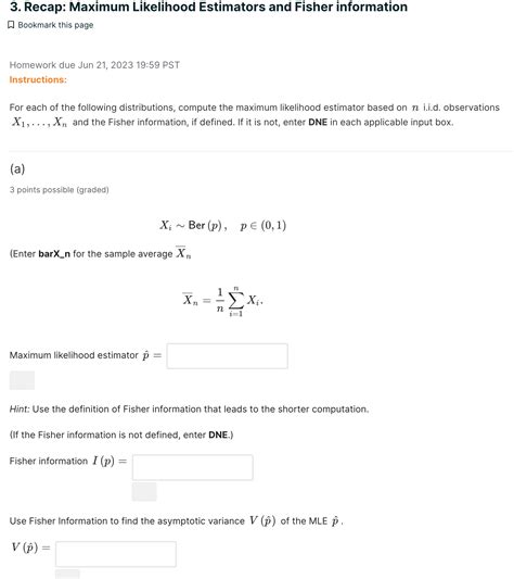 Recap Maximum Likelihood Estimators And Fisher Information D Bookmark This Page Homework Due