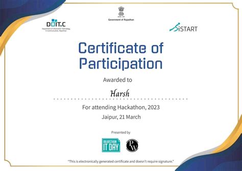 It Day Jaipur 2023 Hackathon Certificate Of Participation Harsh Jangra