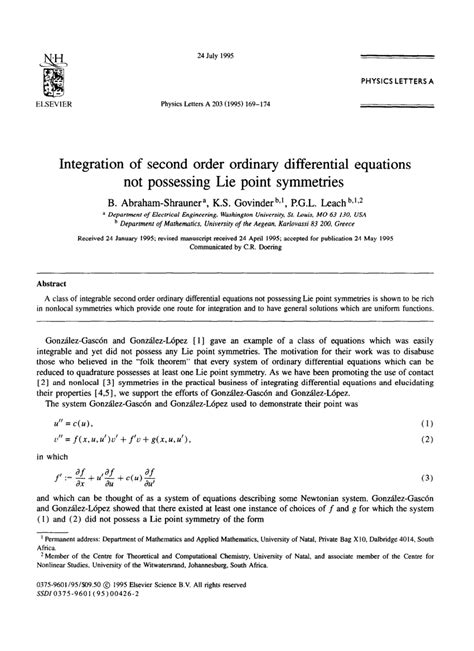 Pdf A Group Theoretic Approach To A Class Of Second Order Ordinary Differential Equations Not