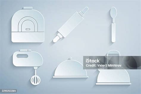 쟁반 숟가락 전기 믹서 주전자 손잡이 롤링 핀 및 오븐 아이콘으로 덮인 세트 벡터 3차원 형태에 대한 스톡 벡터 아트 및 기타 이미지 3차원 형태 가리기 가정 생활