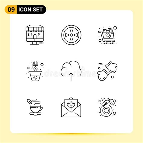 Modern Set Of 9 Outlines Pictograph Of Multimedia Cloud Shopping Renewable Plug Stock Vector