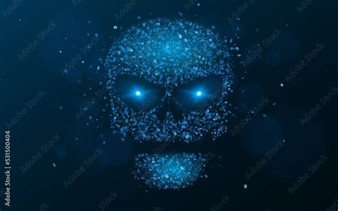 Hacking System An Abstract Luminous Skull Of Blue Color From A Binary Code The Data Is Under