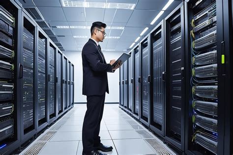 Engineer Working Server Room Internet Network Connection With Data