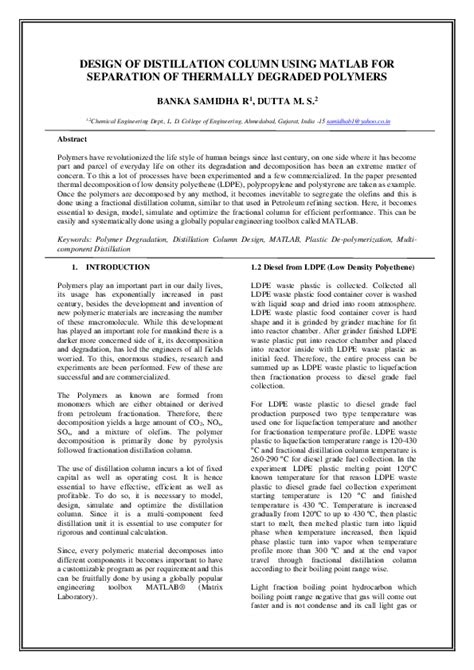 Pdf Design Of Distillation Column Using Matlab For Separation Of Thermally Degraded Polymers1