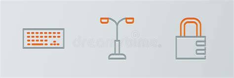 Set Line Safe Combination Lock Keyboard And Street Light Icon Vector Stock Illustration