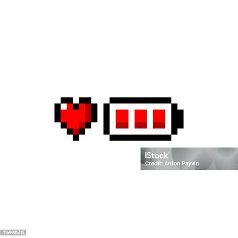 픽셀 아트 하트 및 배터리 빨간색 아이콘 8 비트 격리 벡터 일러스트레이션 배터리 전원에 대한 스톡 벡터 아트 및 기타 이미지 배터리 전원 비트 단위 사랑 Istock