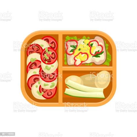 맛 있는 음식으로 플라스틱 쟁반입니다 삶은 감자 맛 있는 샌드위치 야채입니다 맛 있는 점심 식사 평면 벡터 디자인 0명에 대한