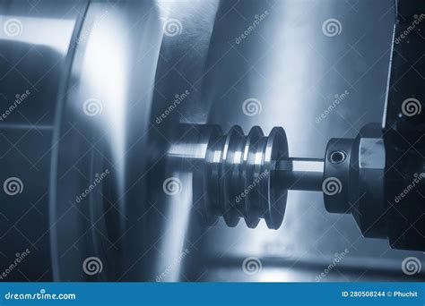 The CNC Lathe Machine Boring Cutting The Metal Shaft Parts Stock Photo Image Of Metalwork