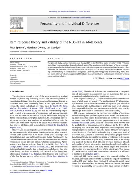 Item Response Theory And Validity Of The Neo Ffi In Adolescents Pdf