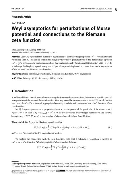 Pdf Weyl Asymptotics For Perturbations Of Morse Potential And Connections To The Riemann Zeta