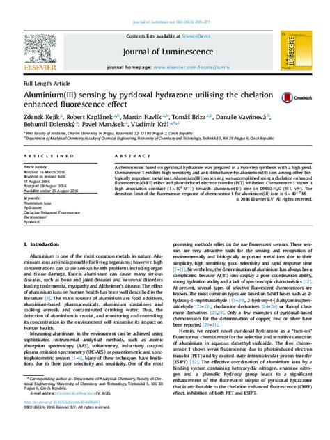 Pdf Aluminiumiii Sensing By Pyridoxal Hydrazone Utilising The Chelation Enhanced