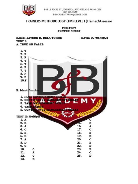 Tm1 Pre Test Answer Sheet Pdf Curriculum Learning