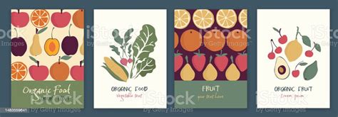 유기농 및 신선한 야채와 과일 음식 배너 템플릿 세트입니다 건강하고 바이오 천연 식품을 사용하는 시장 상점 또는 레스토랑 유기농 식품을 생산하는 농장 생태 환경 라벨에 대한