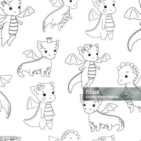 흰색 배경에 왕관이 있는 귀여운 용과 함께 완벽 한 패턴입니다 개요 벡터 만화 캐릭터입니다 유치한 선 일러스트 0명에 대한 스톡