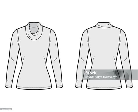 긴 소매 밀착 모양 튜닉 길이가 있는 카울 터틀넥 저지 스웨터 테크니컬 패션 일러스트 0명에 대한 스톡 벡터 아트 및 기타