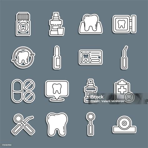 세트 라인 이비인후과 머리 반사경 치과 카드 익스플로러 스케일러 치아 진통제 정제 미백 및 아이콘 벡터 건강 진단에 대한 스톡 벡터 아트 및 기타 이미지 Istock