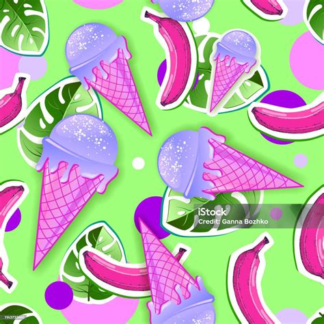 여름 완벽 한 밝은 패턴과 아이스크림 열 대 잎 매거진 문화 스타일의 여름 배경 계절에 대한 스톡 벡터 아트 및 기타 이미지 계절 과일 냉동식품 Istock
