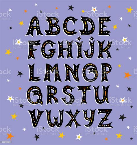 재미 있는 라틴 알파벳의 벡터 만화 세트입니다 손으로 그려 대문자 별 파란색 배경에 고립의 집합입니다 디자인 요소입니다 마술사에 대한 스톡 벡터 아트 및 기타 이미지