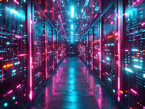 futuristic data center with neon lights premium ai generated image