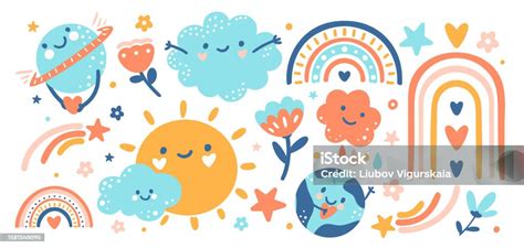 손으로 그린 귀여운 하늘 스티커 지구 행성 행복한 낙서 태양 재미있는 구름 보헤미안 무지개 꽃과 별 친절한 평화로운 캐릭터의 재미있는 컬렉션입니다 아기 벡터 그림 0명에