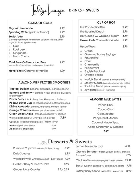 Menu Indigo Lounge