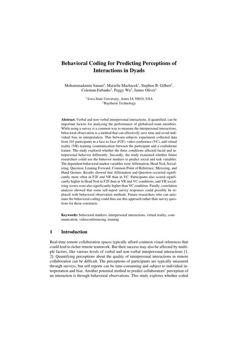 Pdf Behavioral Coding For Predicting Perceptions Of Interactions In Dyads