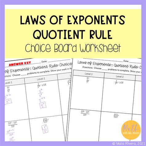 Exponent Rules Quotient Rule Worksheet Choice Board For Algebra 1