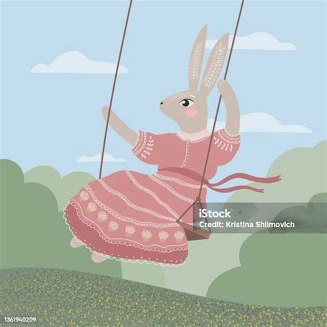 레이스 드레스를 입은 귀여운 토끼가 스윙을 하고 있습니다 어린이 일러스트 인사말 카드 책 어린이 디자인 그네에 대한 스톡 벡터 아트 및 기타 이미지 Istock