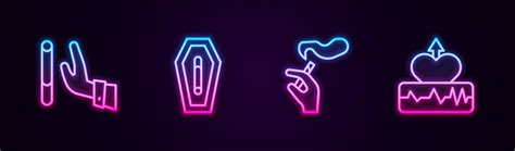 세트 라인 담배 포기 흡연으로 인한 사망 손 및 심장 박동 증가 빛나는 네온 아이콘입니다 벡터 개념에 대한 스톡 벡터 아트 및 기타 이미지 Istock