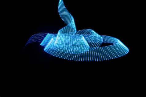 파란색 빛의 네온 웨이브는 소용돌이 또는 깔때기로 검은 배경에 점선 줄무늬가 있습니다 움직이는 흐르는 선이 있는 추상적인 배경 증기 파동 스타일의 가벼운 그림 0명에 대한