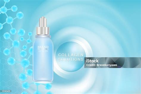 뷰티 제품 광고 디자인 콜라겐 용액 광고 배경이있는 파란색 화장품 용기 고급 스킨 케어 배너 일러스트 벡터 개념에 대한 스톡 벡터 아트 및 기타 이미지 Istock
