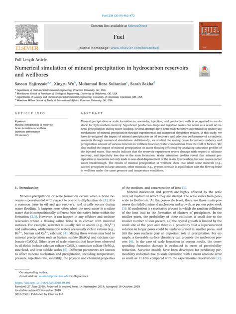 Pdf Numerical Simulation Of Mineral Precipitation In Hydrocarbon Reservoirs And Wellbores