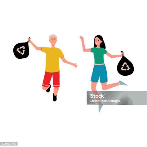 공기에 점프 재활용 기호와 검은 쓰레기 봉투를 들고 행복한 커플 비닐 봉지에 대한 스톡 벡터 아트 및 기타 이미지 비닐 봉지