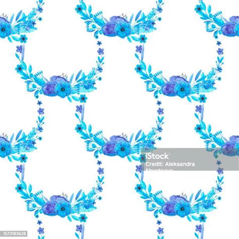 손으로 그린 수채화 파란색 꽃과 화환 원활한 패턴 흰색으로 격리되어 있습니다 섬유 패턴 직물 선물 포장에 사용할 수 있습니다 0명에 대한 스톡 벡터 아트 및 기타 이미지