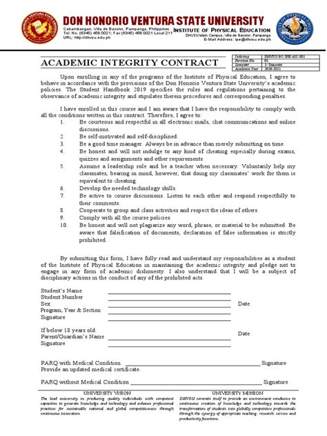 Academic Integrity Form And Signature For Par Q Pdf Academic Integrity