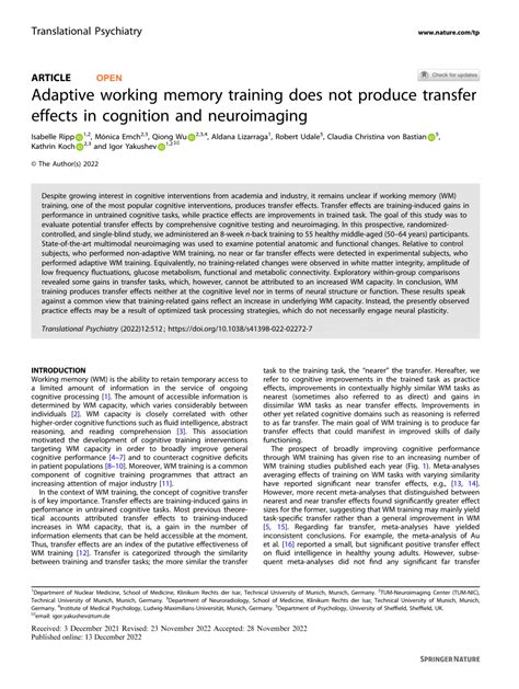 Pdf Adaptive Working Memory Training Does Not Produce Transfer Effects In Cognition And