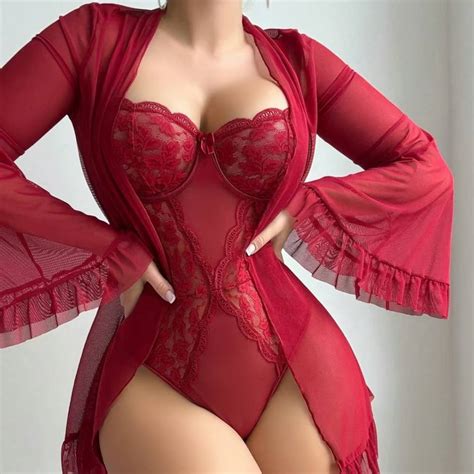 Womens Sexy Lace Bodysuit Lingerie Set Bell Sleeves Ribbon Tie