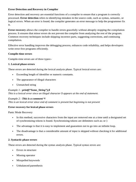 Error Detection And Recovery In Compiler Pdf Parsing Compiler