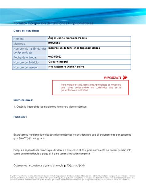 Integración De Funciones Trigonometricas Formato Integración De